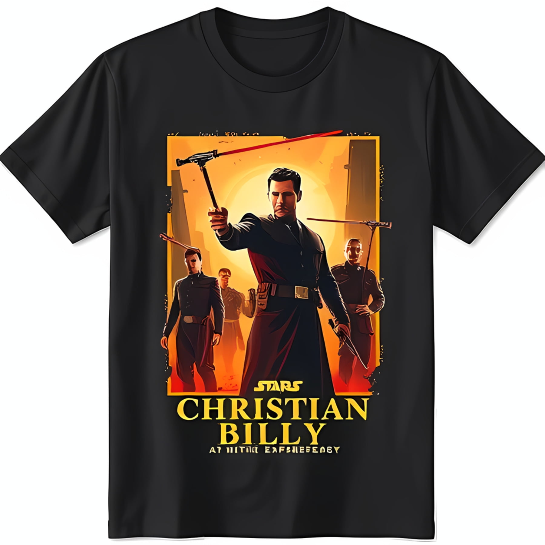 Black T-Shirt Featuring Bale Surrounded by Iconic Characters with ...