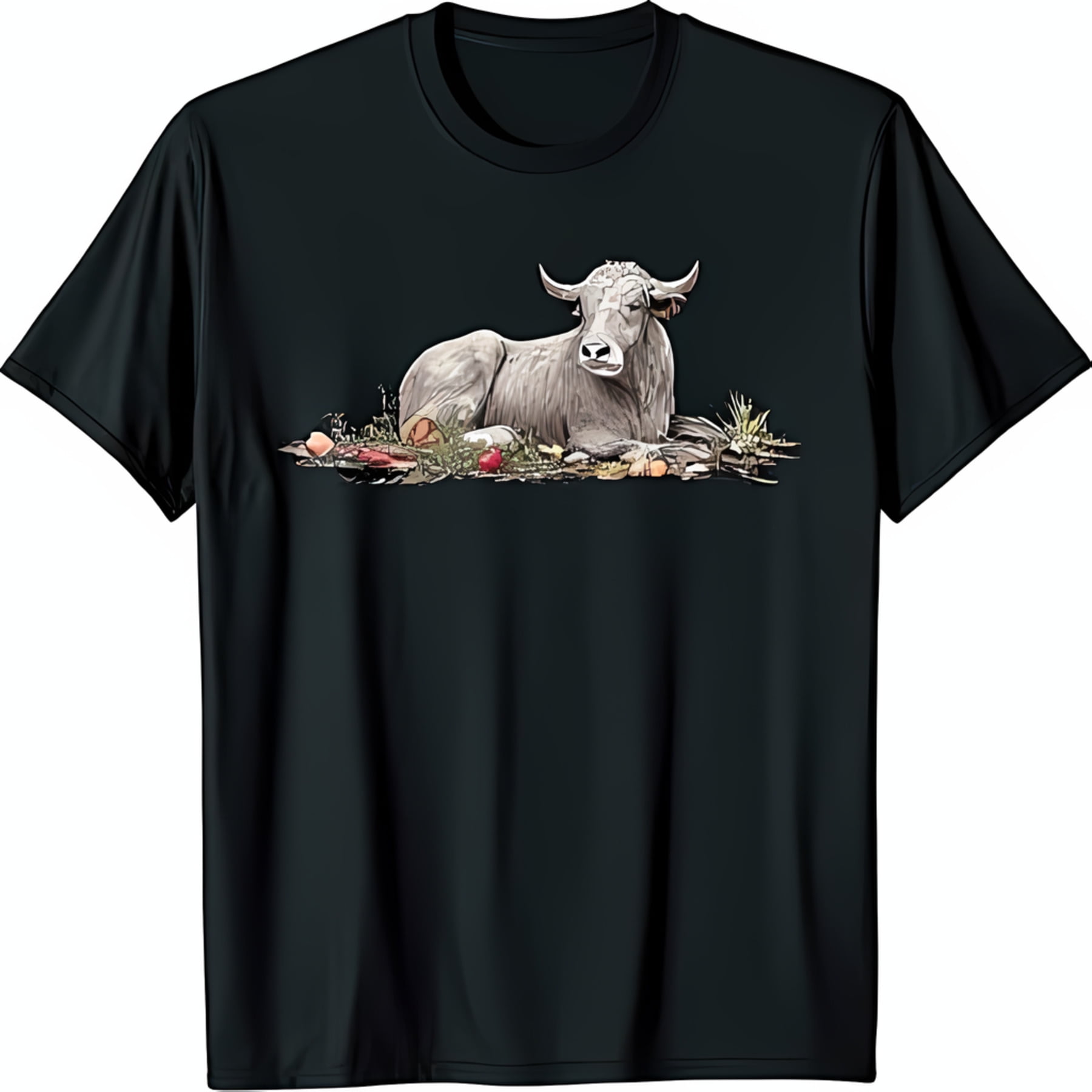 Black T-Shirt Featuring Calm Gray Yak Surrounded by Apples in Grass ...