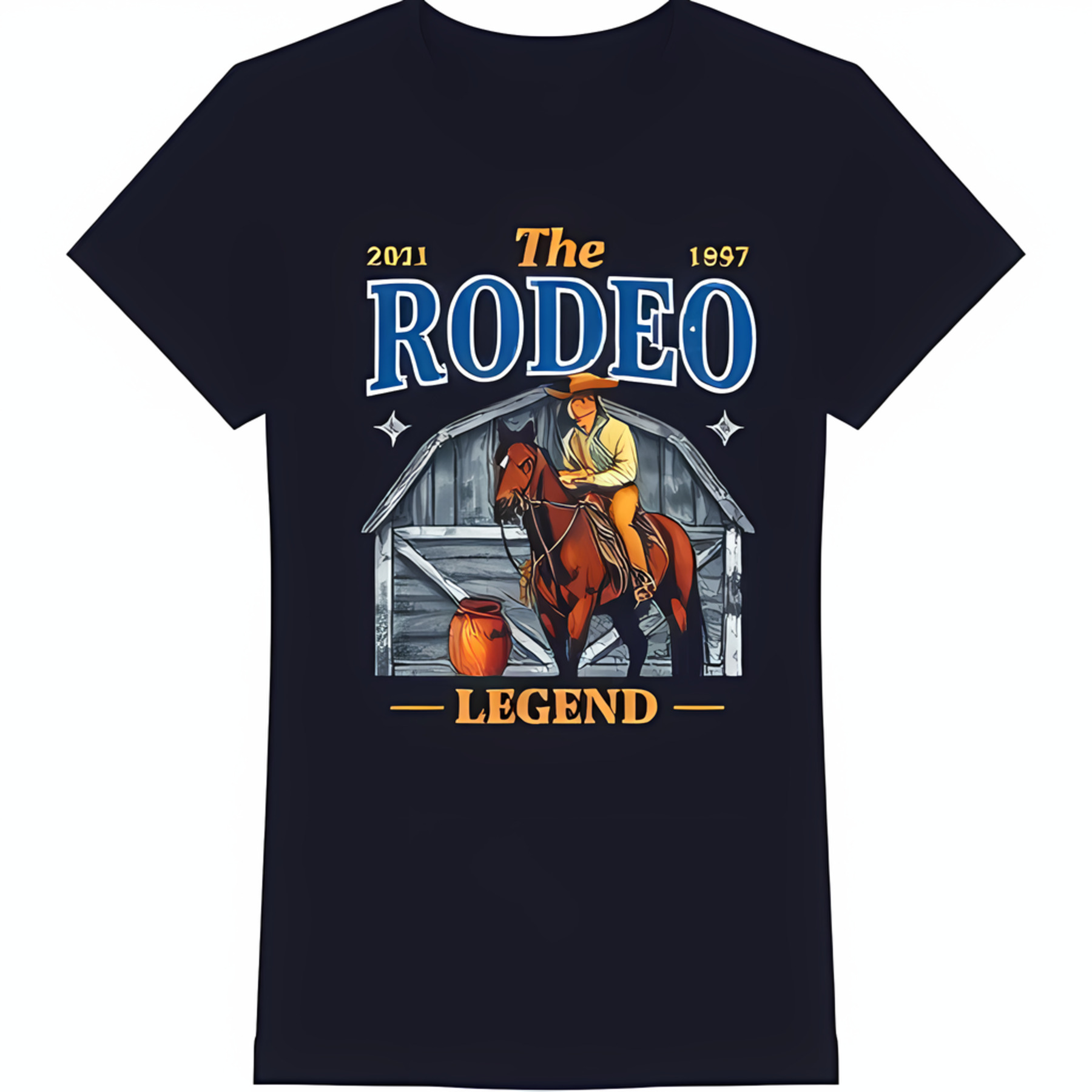 Black T-Shirt Featuring Cowboy in Brown Hat Riding Horse 'The Rodeo ...
