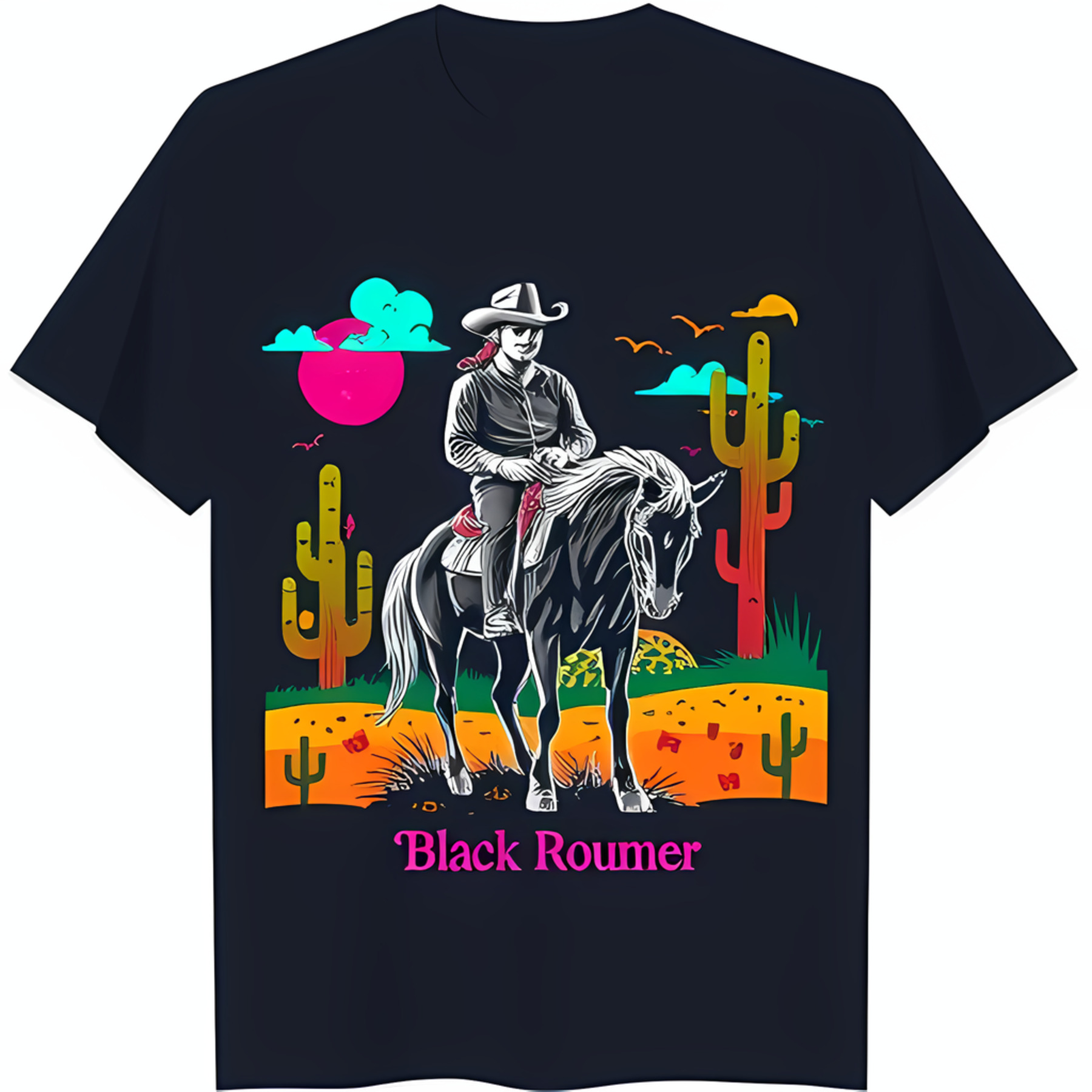 Black T-Shirt Featuring Cowboy on Horseback in Desert Sunset Scene ...