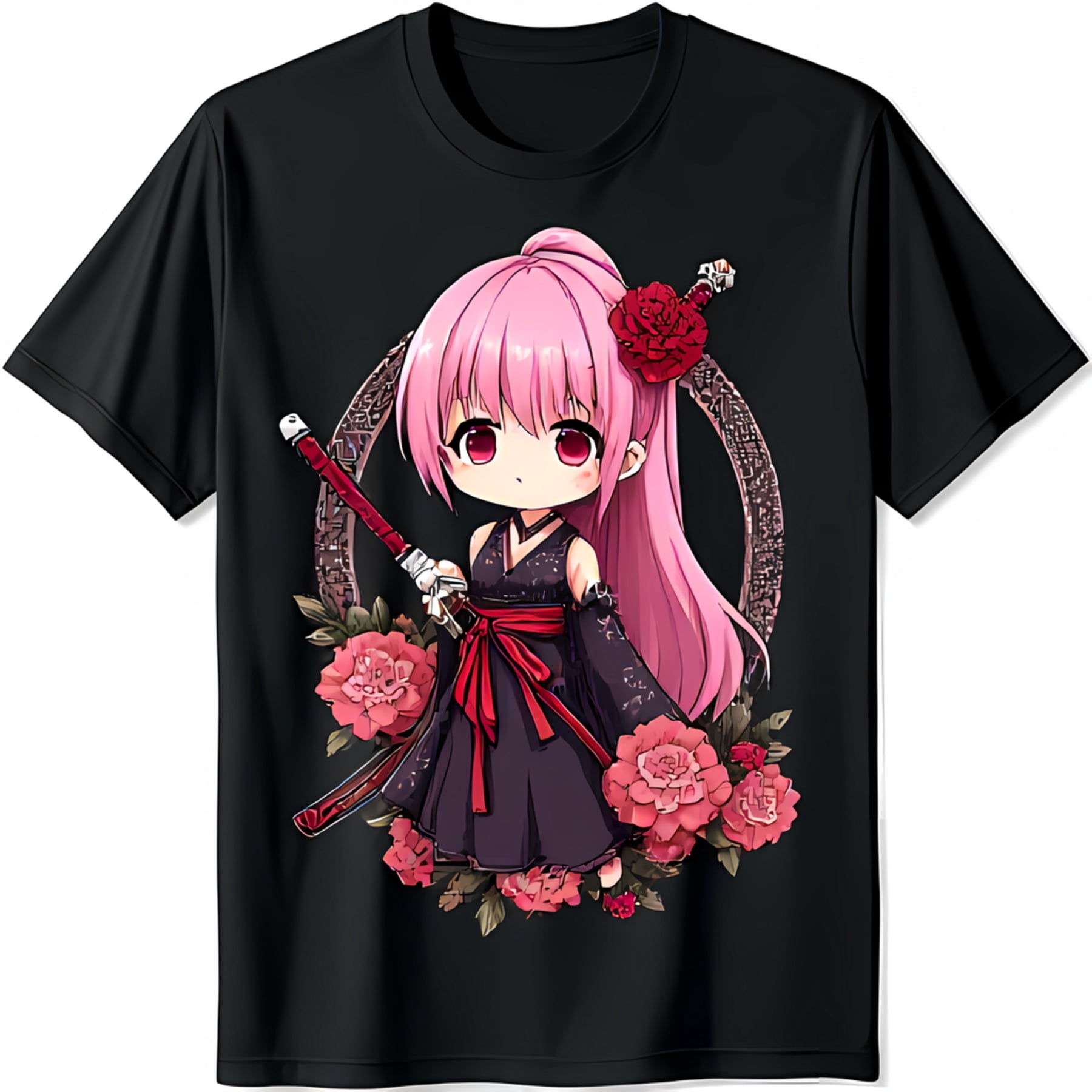 Black T-Shirt Featuring Cute Anime Character Surrounded by Beautiful ...