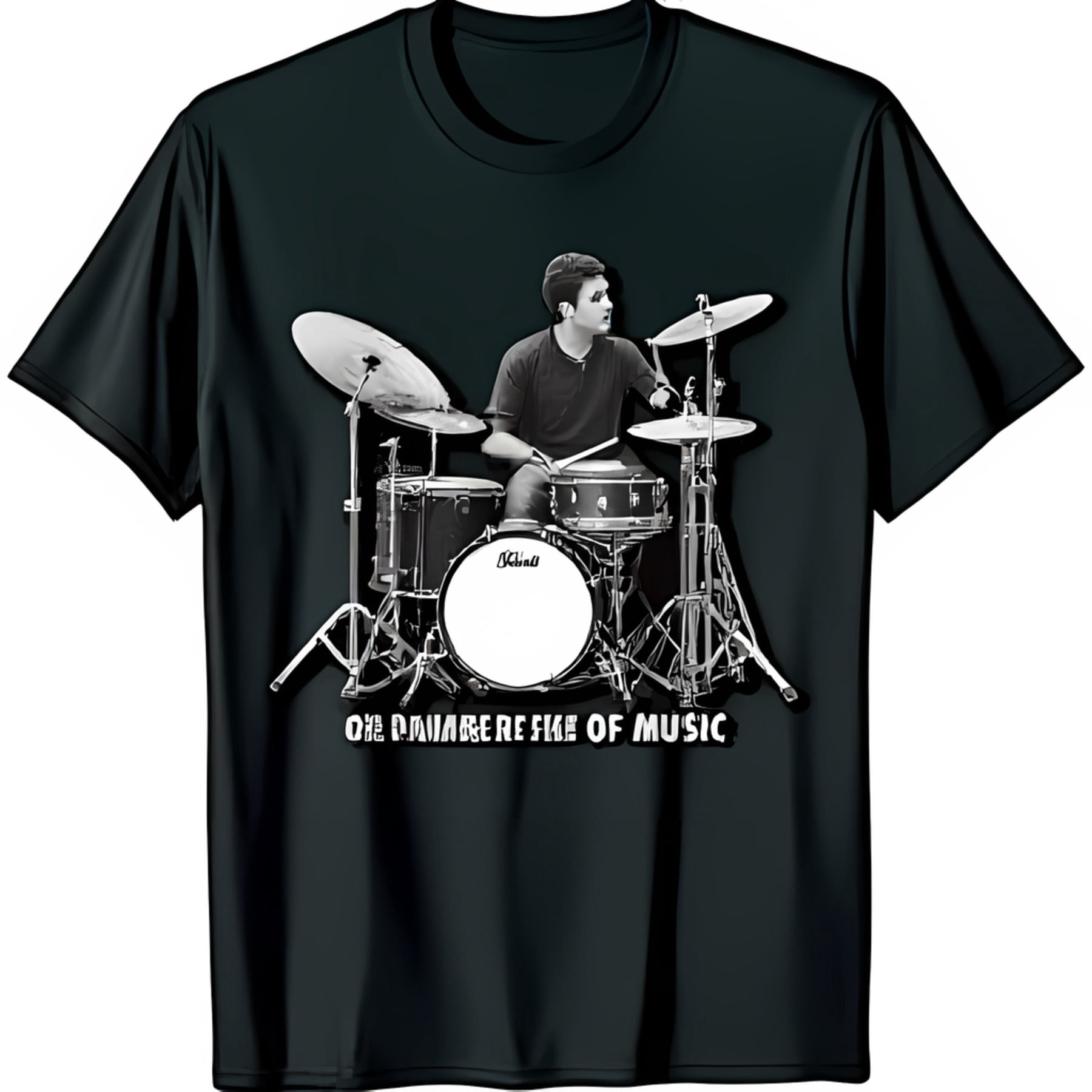 Black T-Shirt Featuring Drummer Design with The Damnable Fire of Music ...