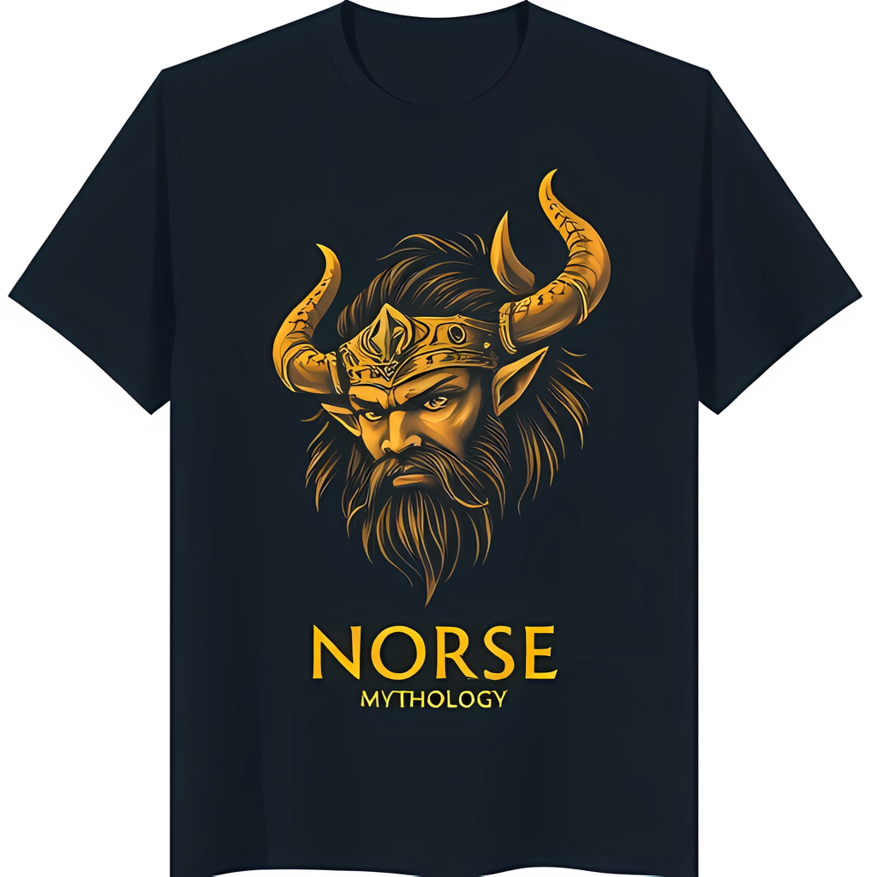 Black T-Shirt Featuring Fierce Norse God with Horns and Golden Crown ...