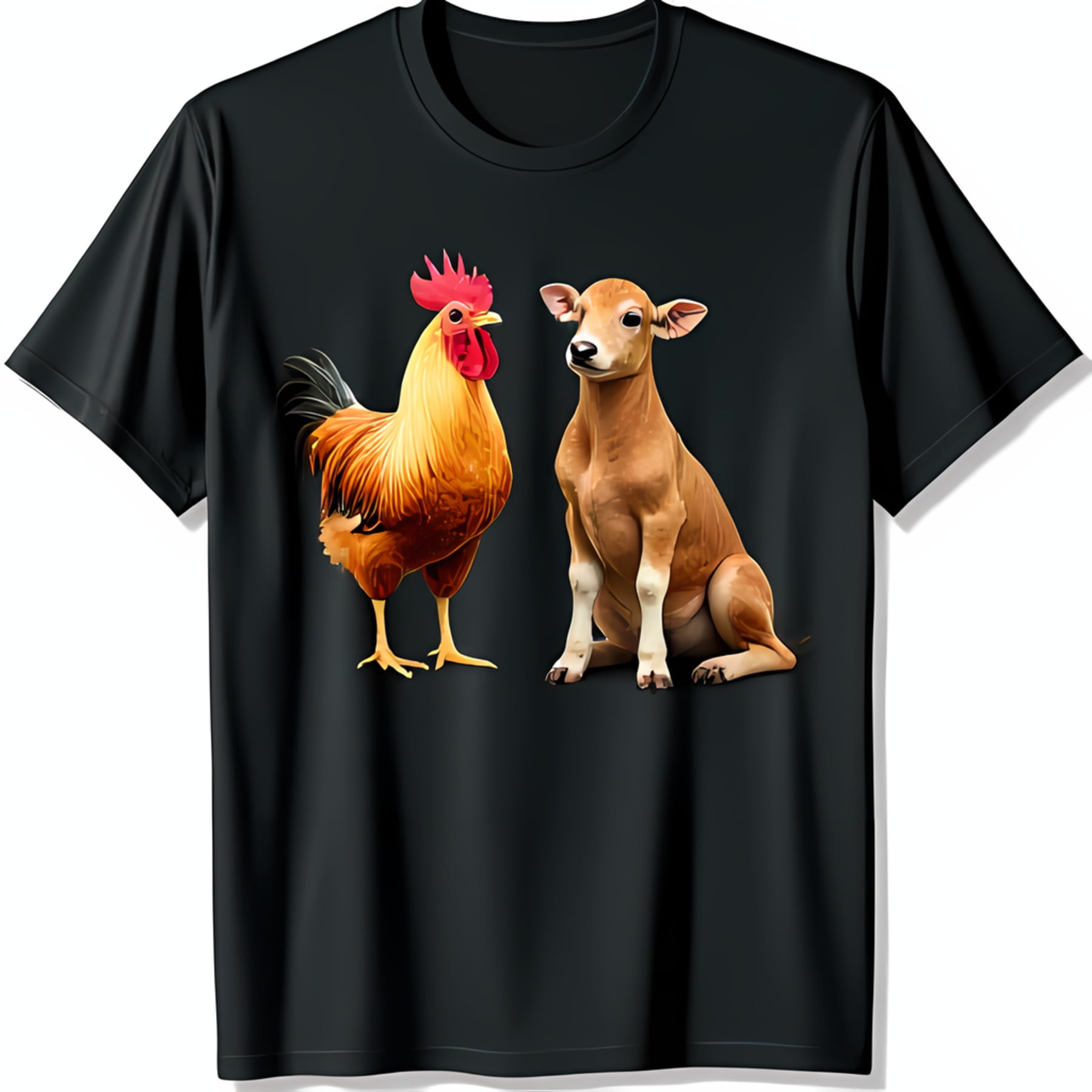 Black T-Shirt Featuring Rooster and Calf Graphic Farm Animal Design ...