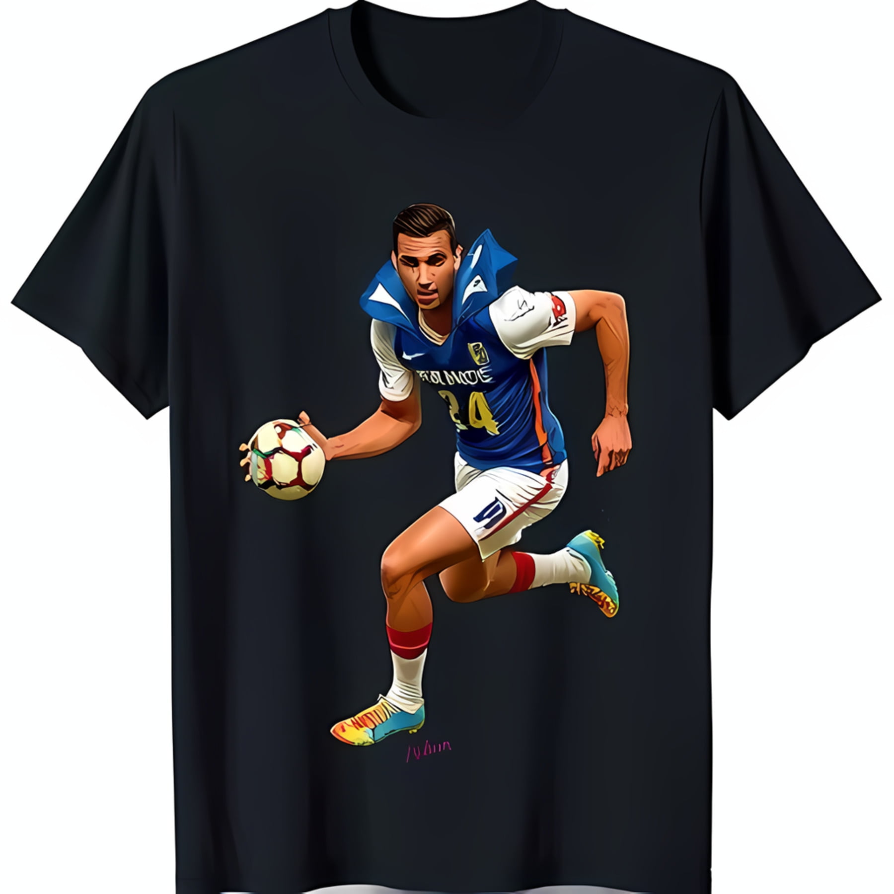 Black T-Shirt Featuring Soccer Player in Action Blue Jersey #24 Design ...