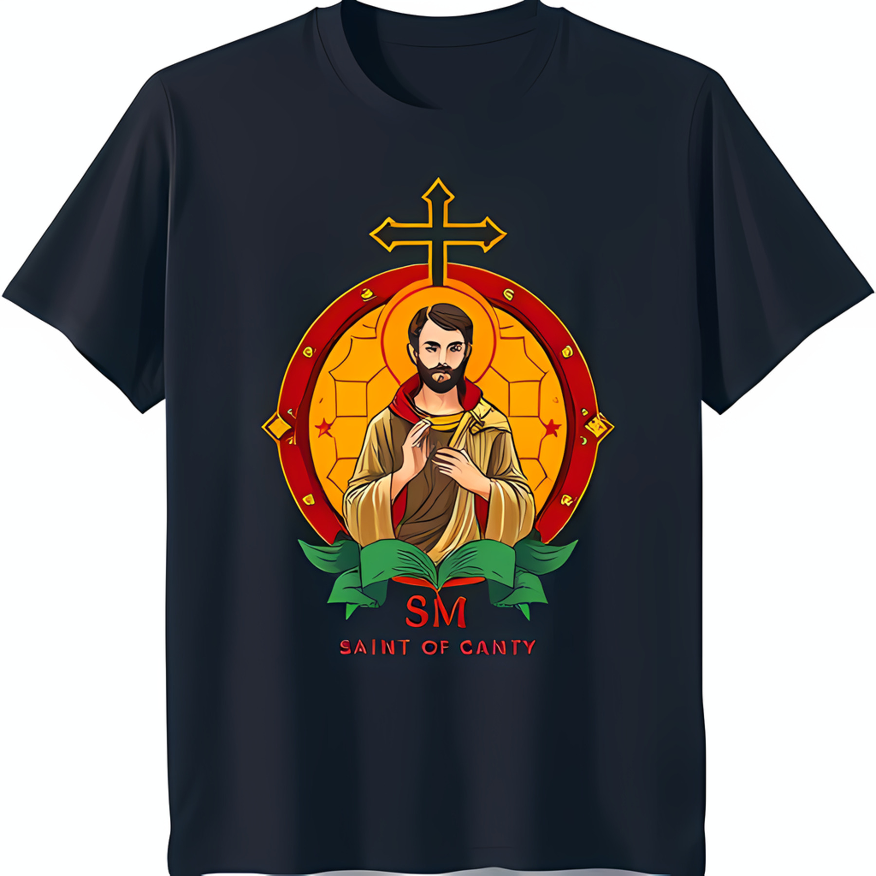 Black T-Shirt Featuring in Yellow Robe with Red Circular Border ...