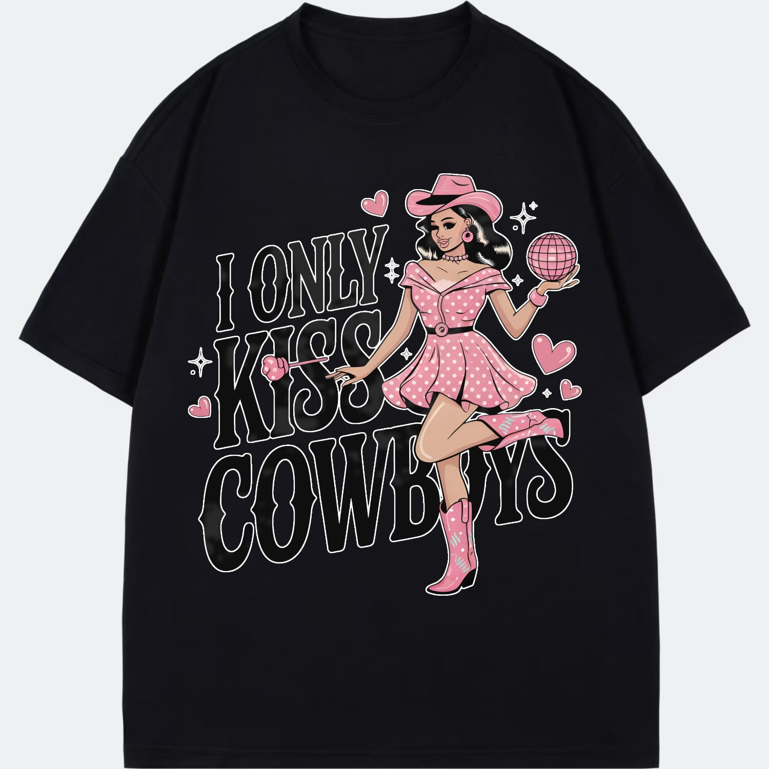 Black T Shirt I Only Kiss Cowboys Pink Cowgirl With Disco Ball And ...