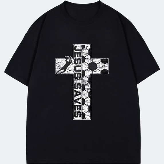 Black T Shirt Jesus Saves Cross Soccer Ball Pattern Religious Christian ...
