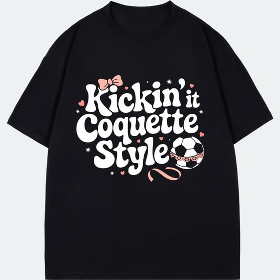 Black T Shirt Kickin It Coquette Style Soccer Ball And Bow Print Casual ...