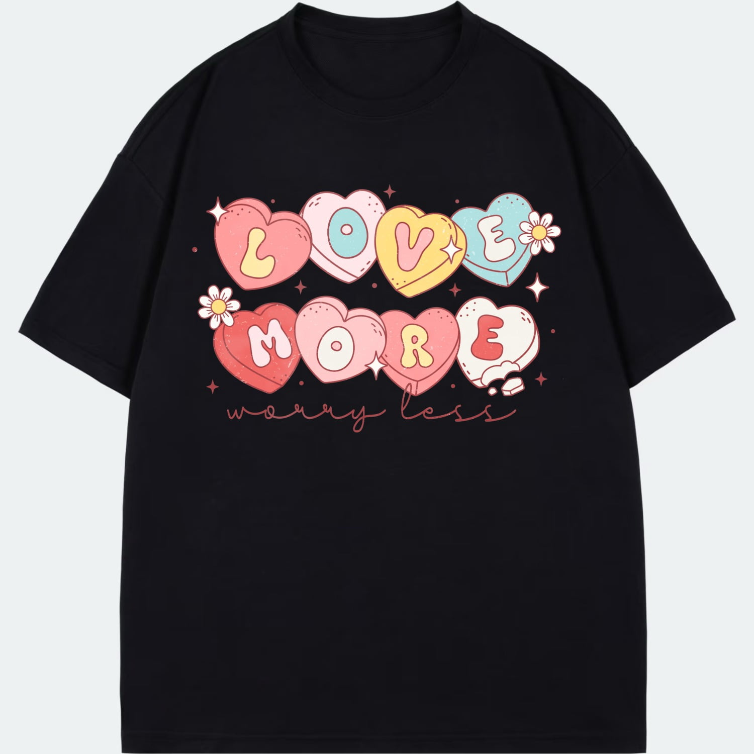 Black T Shirt Love More Worry Less Heart Pattern And Flowers Print ...