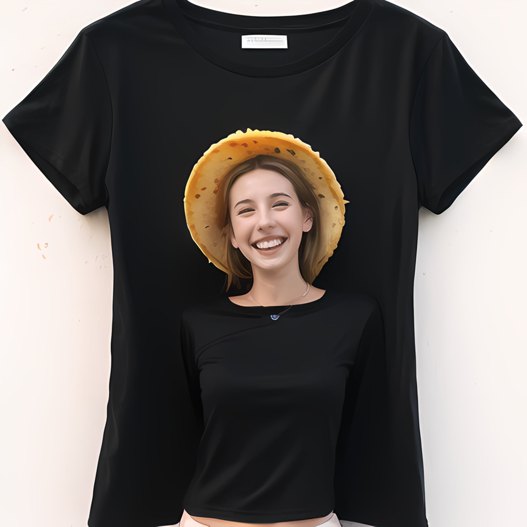 Black T-Shirt Mockup: Cute Girl with Pita Bread Hat Design Front View ...