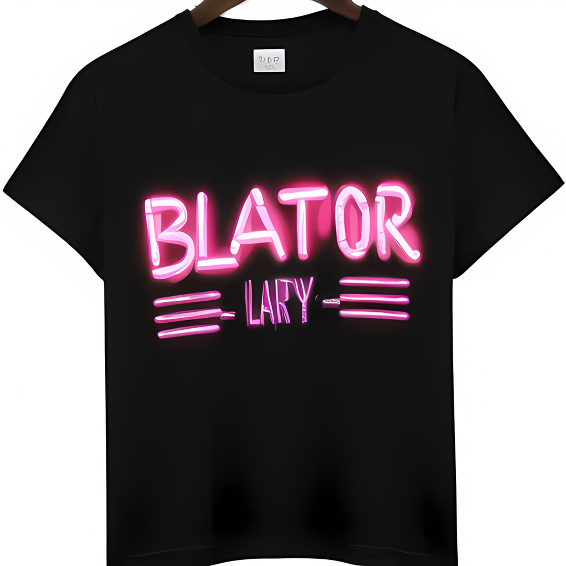 Black T-Shirt Mockup with Pink Blator Text and LARY Design Vector (30k ...
