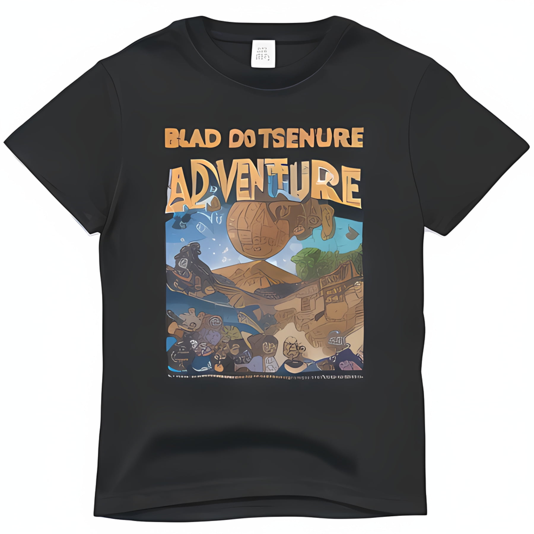 Black T-Shirt: Retro Adventure Design with Bold Text & Mystical Realms ...