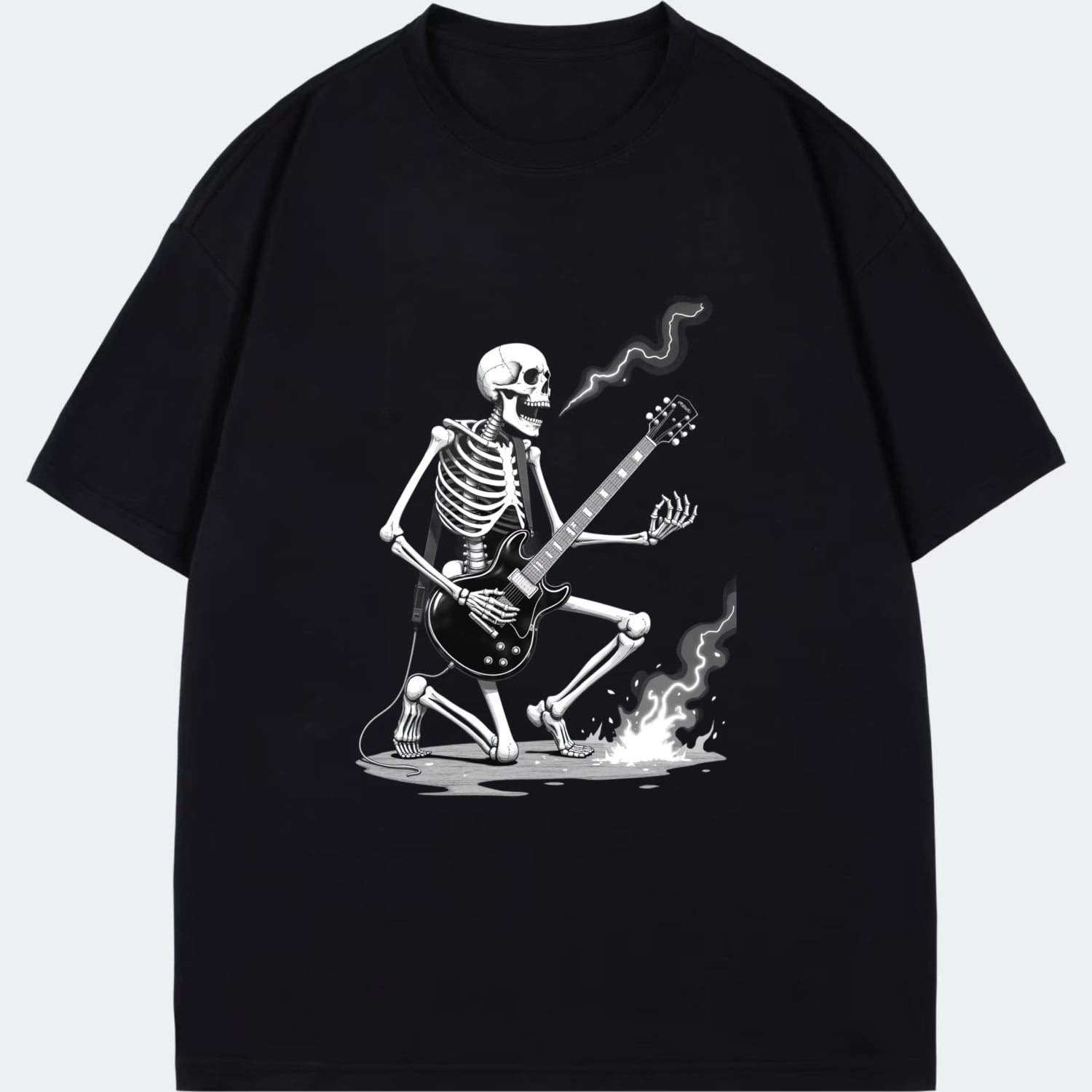 Black T Shirt Skeleton Playing Guitar With Smoke And Fire Rock Music ...