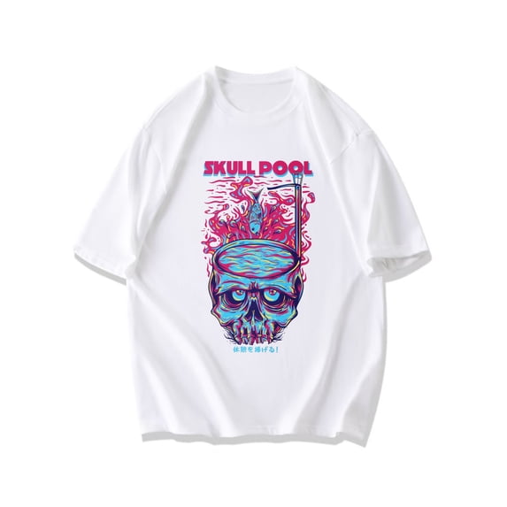 Black T Shirt Skull Pool Neon Skull With Water And Fish Print For ...