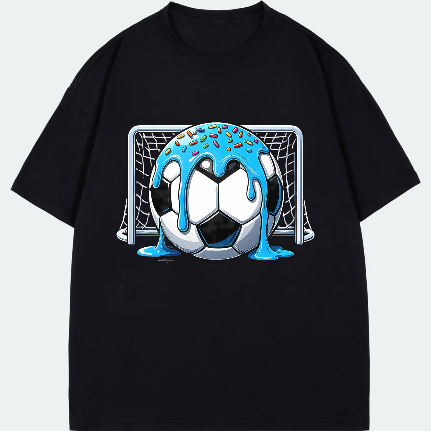 Black T Shirt Soccer Ball With Blue Icing And Sprinkles Design For ...