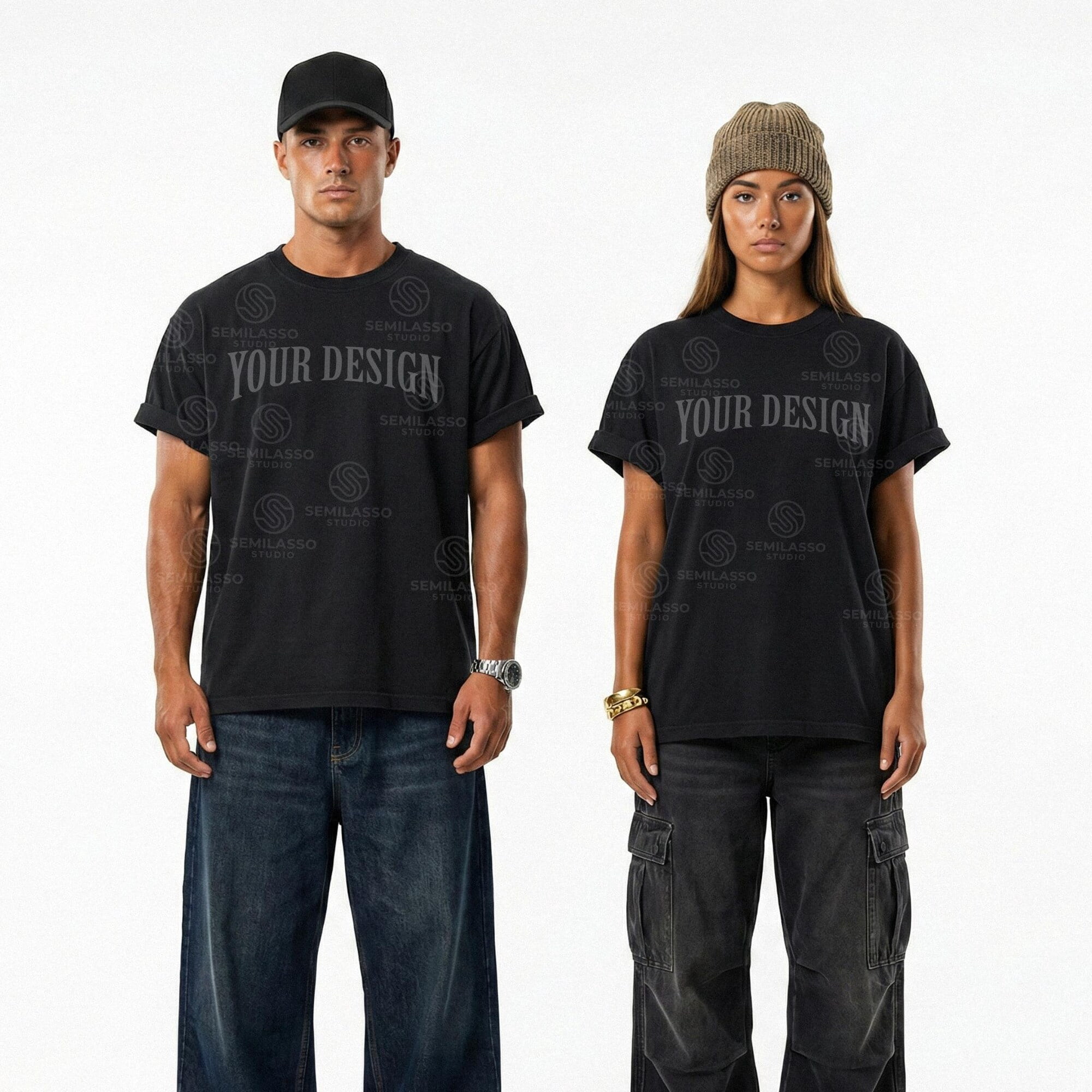 Black T Shirt Streetwear Model Mockup C1717 Couple Mock Up - Walmart.com