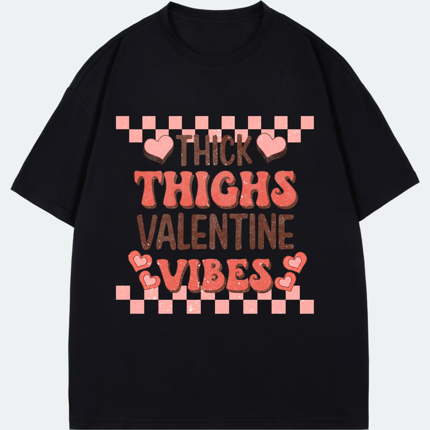 Black T Shirt Valentine Vibes Pink Hearts And Checkerboard Pattern For ...