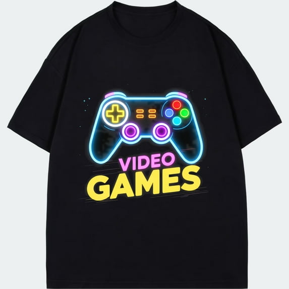 Black T Shirt Video Game Controller Neon Design For Gaming Enthusiasts ...