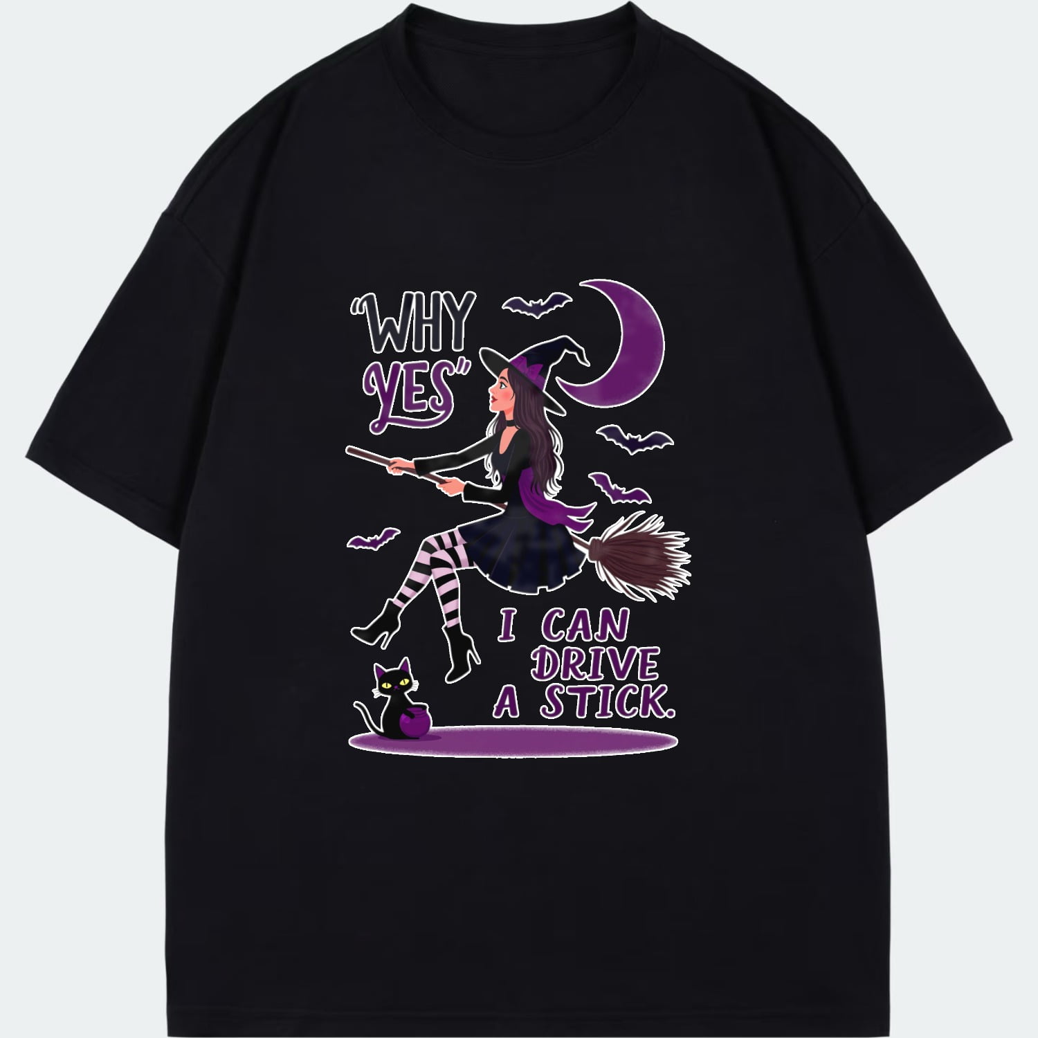 Black T Shirt Witch Flying On Broomstick With Cat And Moon Print Why ...