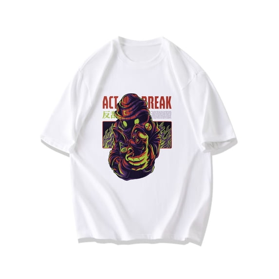 Black T-Shirt With Act Break Text And Colorful Demon Head Print For ...