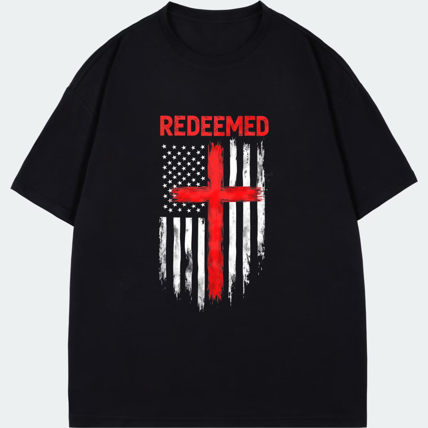 Black T Shirt With American Flag And Red Cross Design Redeemed Text For ...