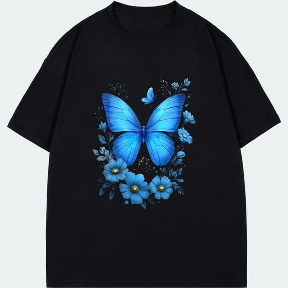 Black T Shirt With Blue Butterfly And Floral Print For Casual Wear ...