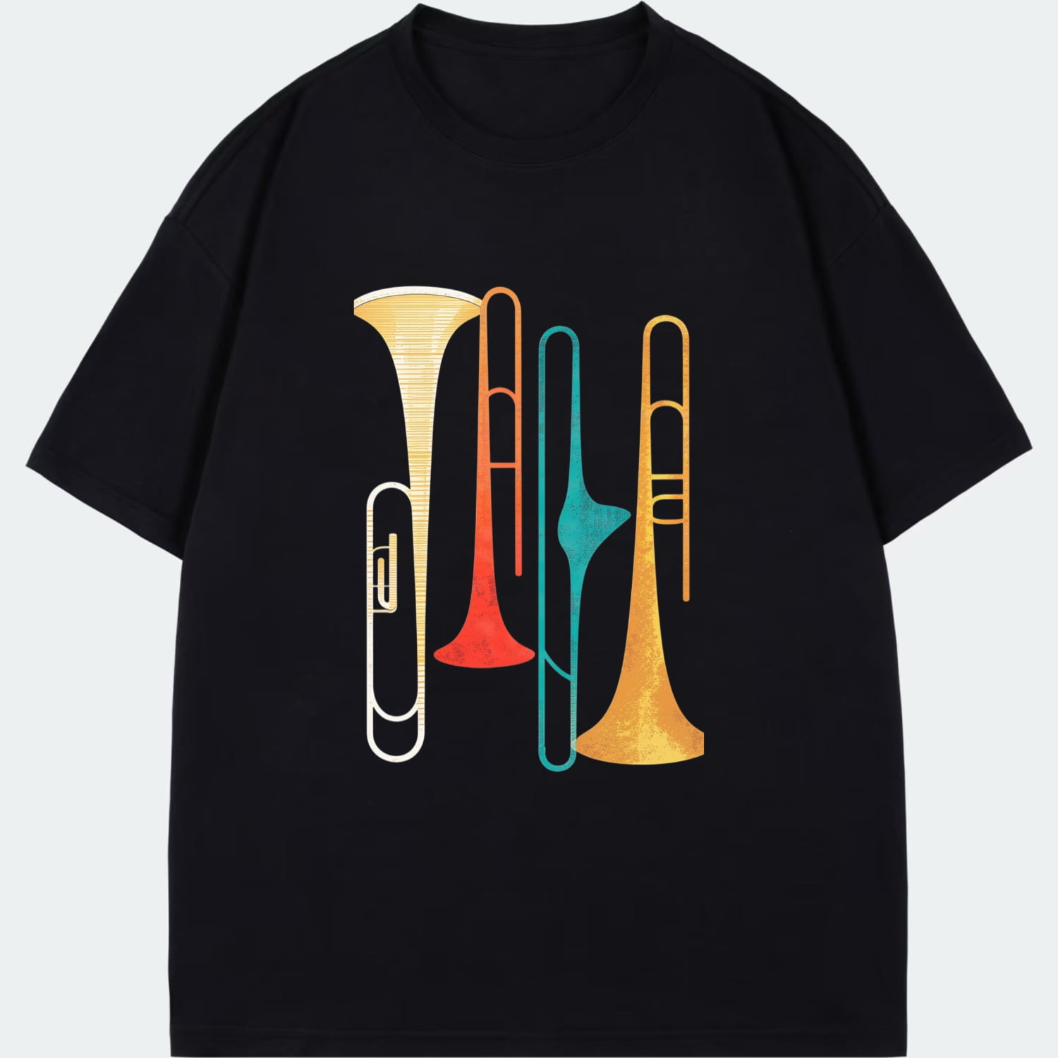 Black T Shirt With Colorful Brass Instruments Print For Music Lovers ...