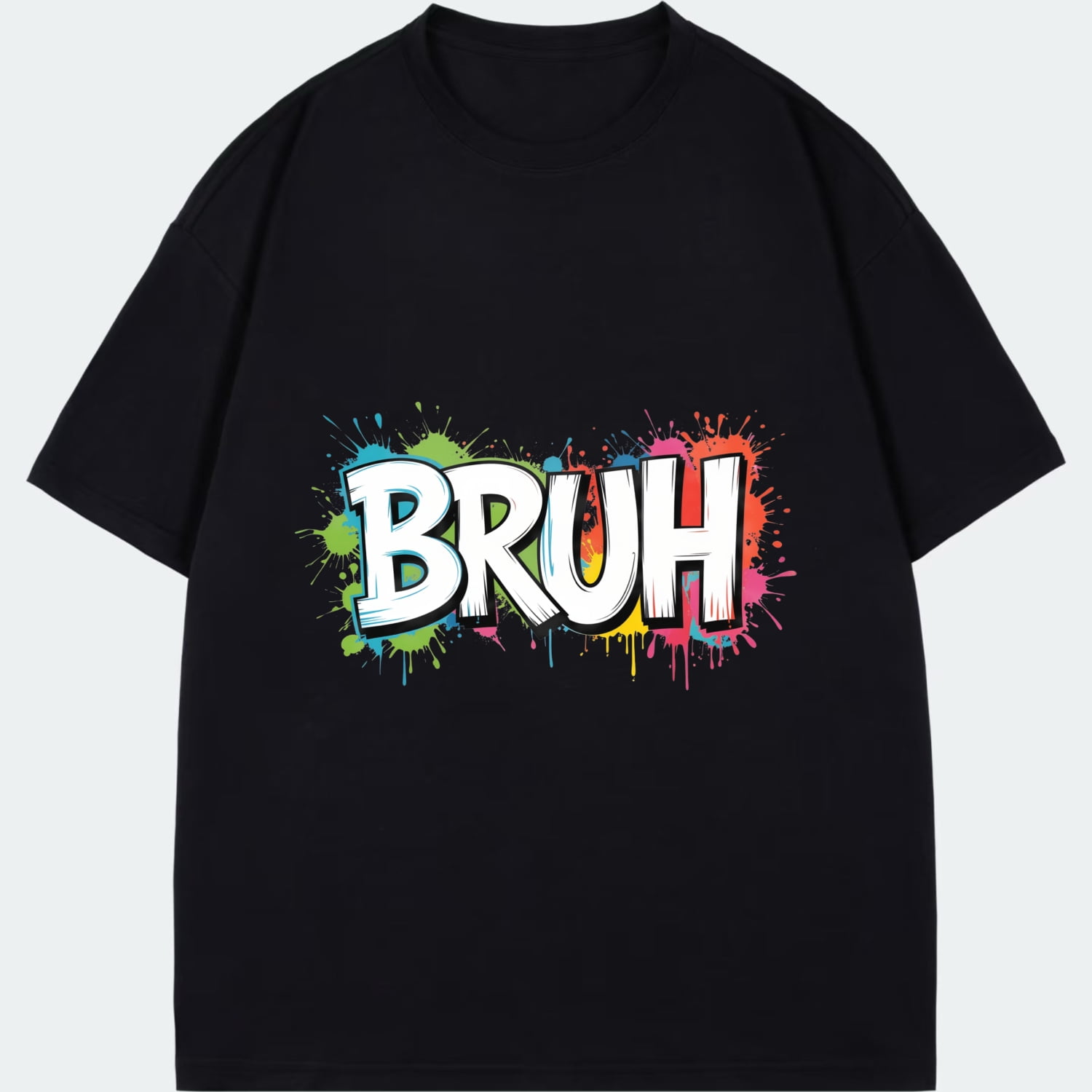 Black T Shirt With Colorful Bruh Graffiti Print For Casual Wear ...