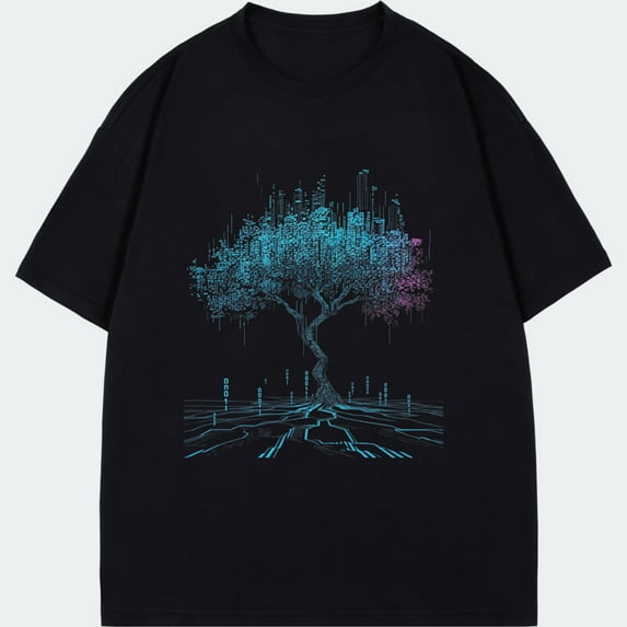 Black T Shirt With Digital Tree And Circuit Pattern For Tech Fashion ...