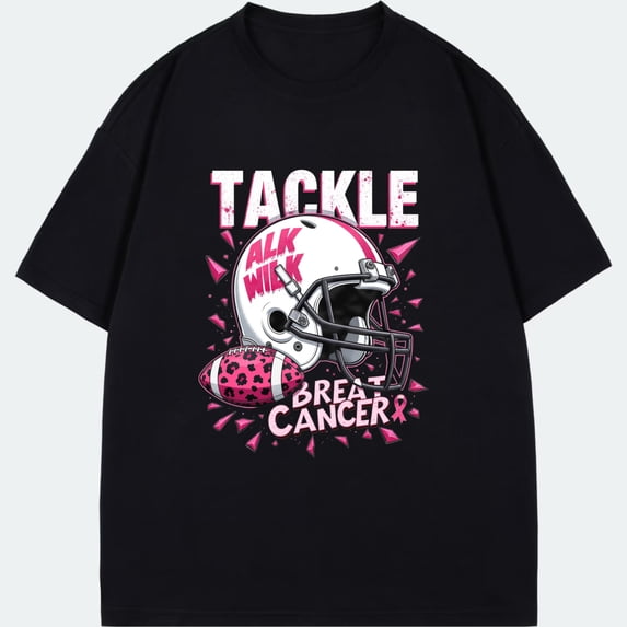 Black T Shirt With Football Helmet And Pink Ribbon Design Tackle Breast ...