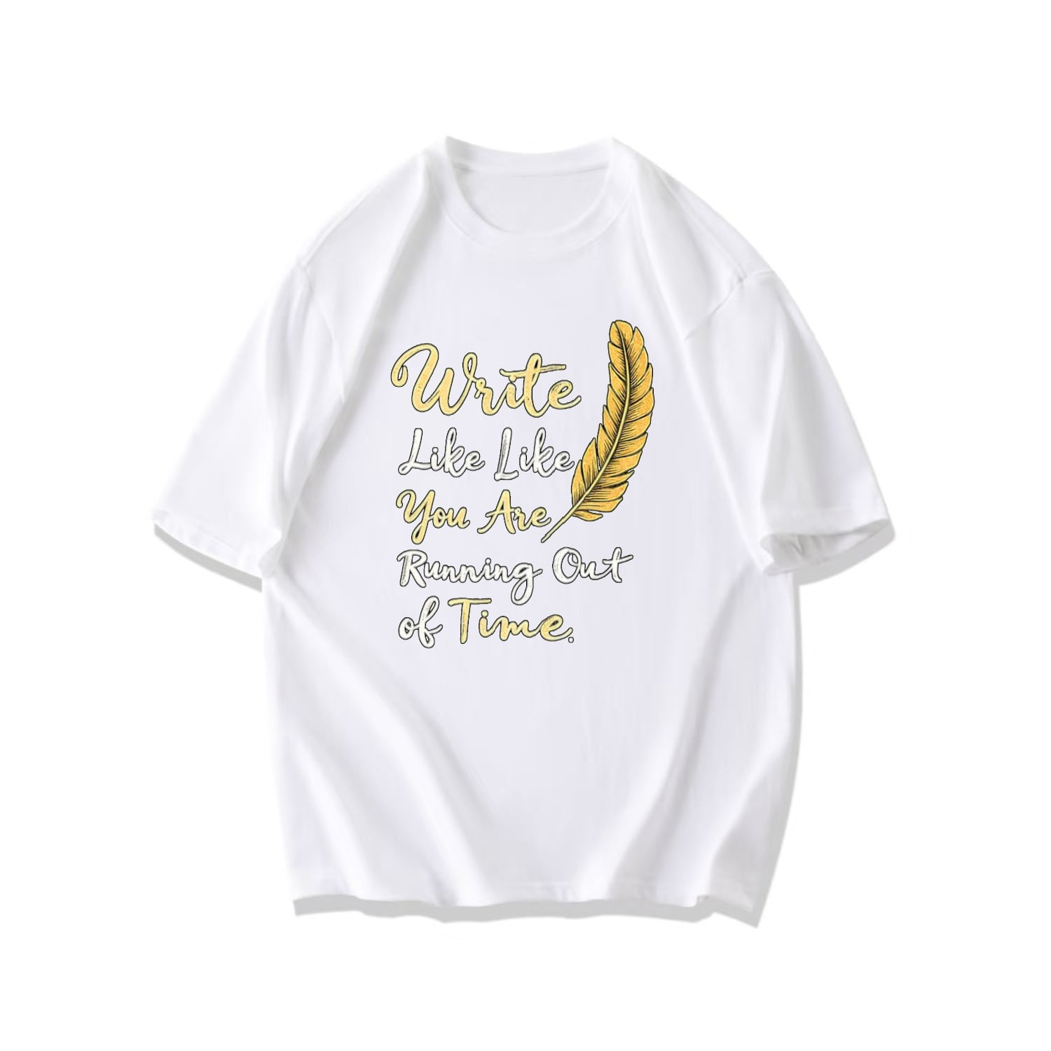 Black T Shirt With Gold Feather And Write Like You Are Running Out Of ...