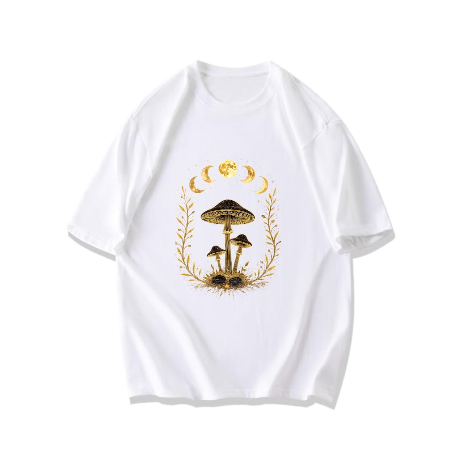Black T-Shirt With Golden Mushroom And Moon Phases Design For Casual ...