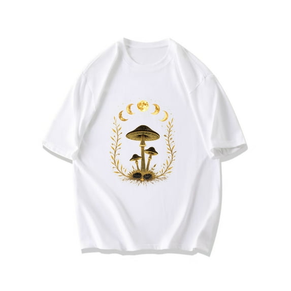 Black T-Shirt With Golden Mushroom And Moon Phases Design For Casual ...