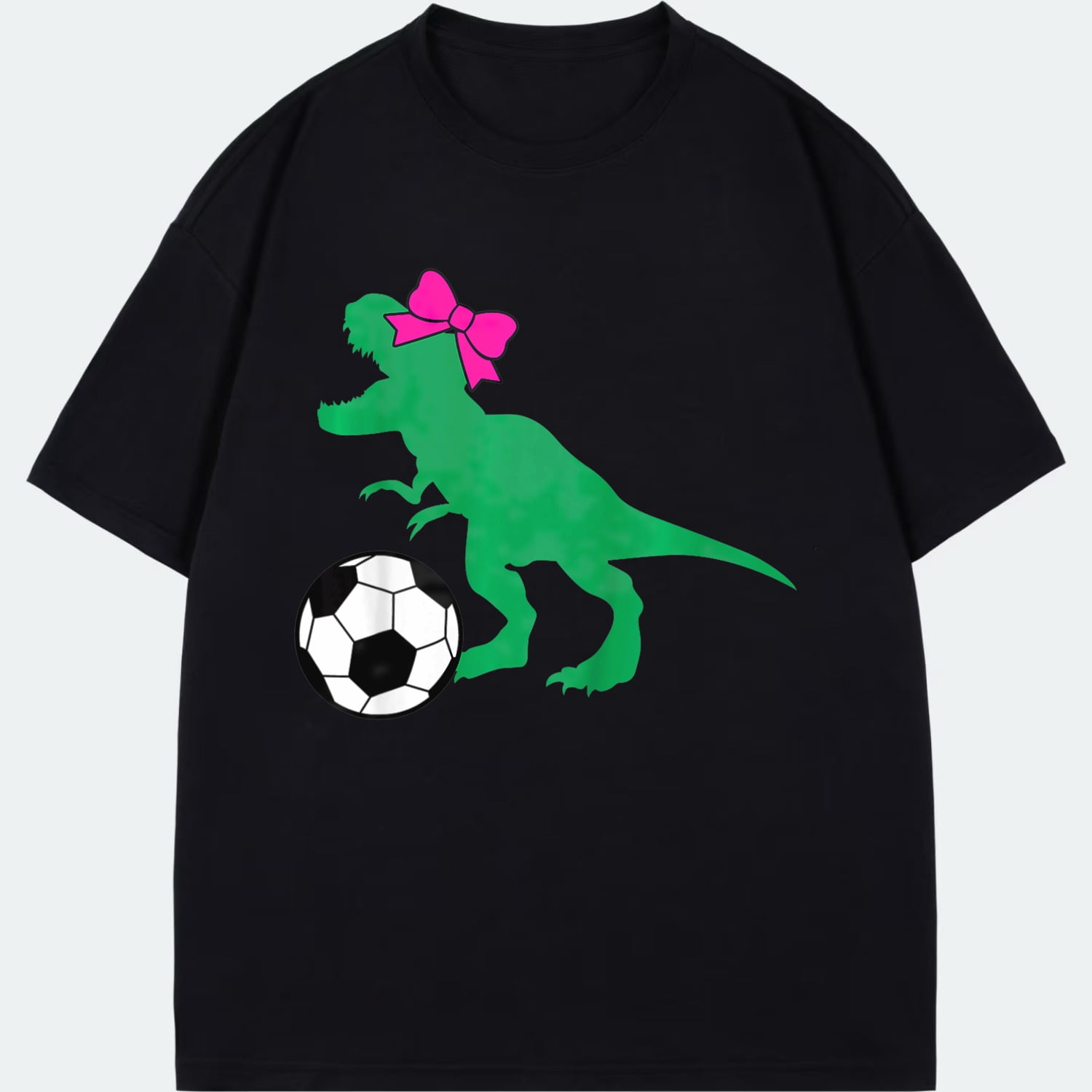Black T Shirt With Green Dinosaur Wearing Pink Bow Kicking Soccer Ball ...