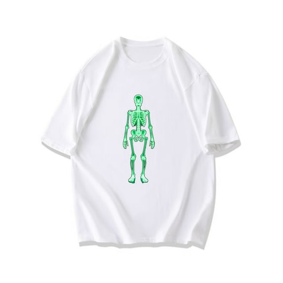Black T Shirt With Green Skeleton Print For Halloween Party And Casual ...