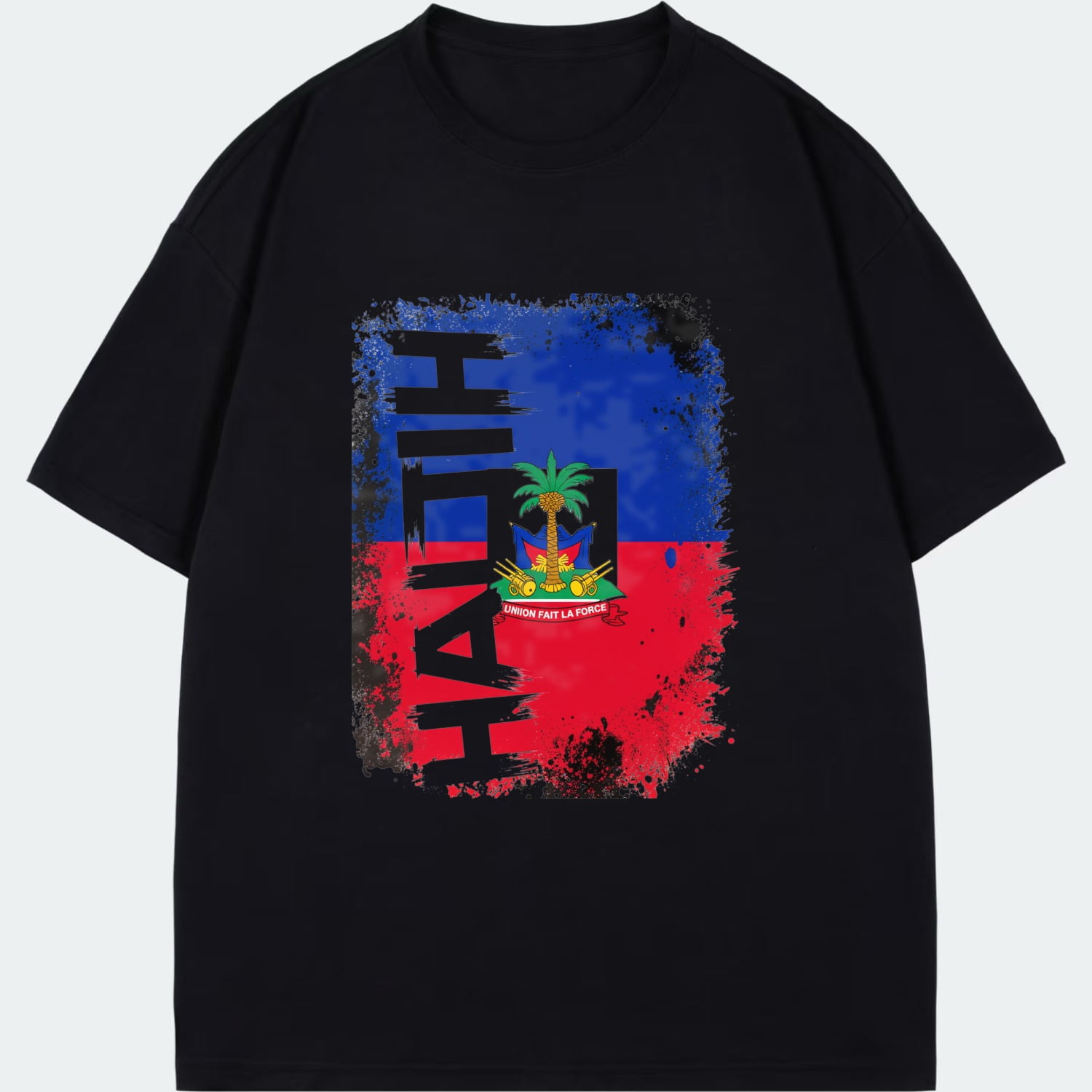 Black T Shirt With Haiti Flag And Palm Tree Print For Casual Wear ...
