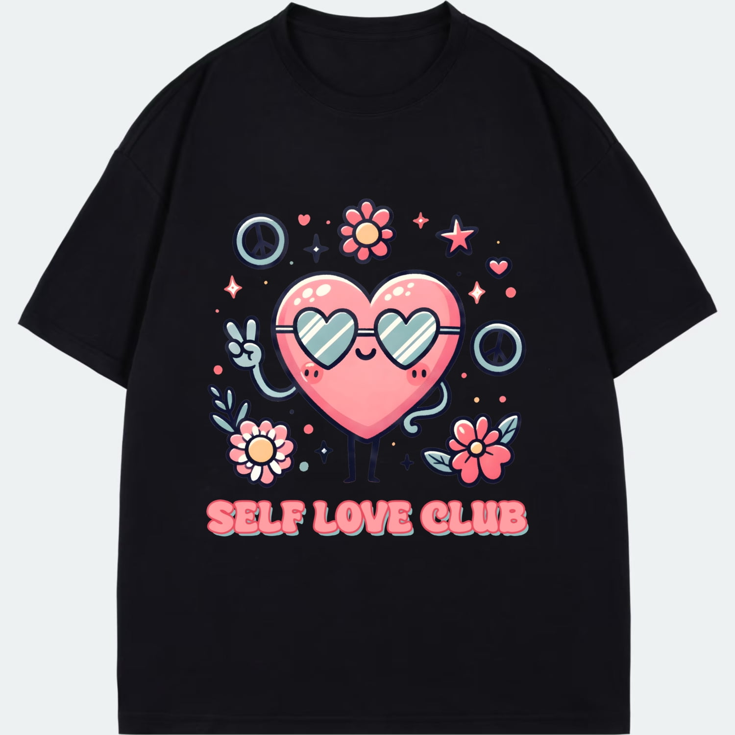 Black T Shirt With Heart And Flowers Self Love Club Print For Casual ...