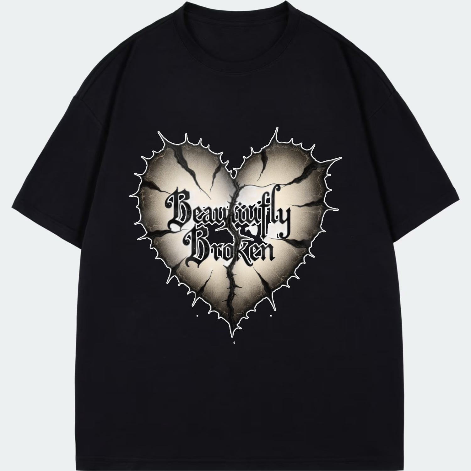 Black T Shirt With Heart Break Design And Beautifully Broken Text For ...