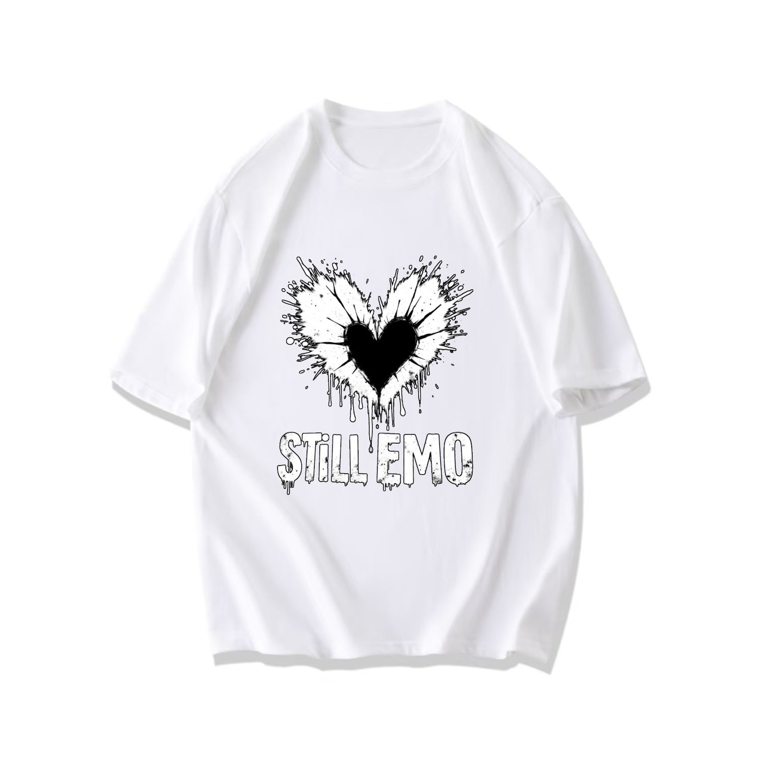 Black T Shirt With Heart Splash And Still Emo Text For Casual Wear ...