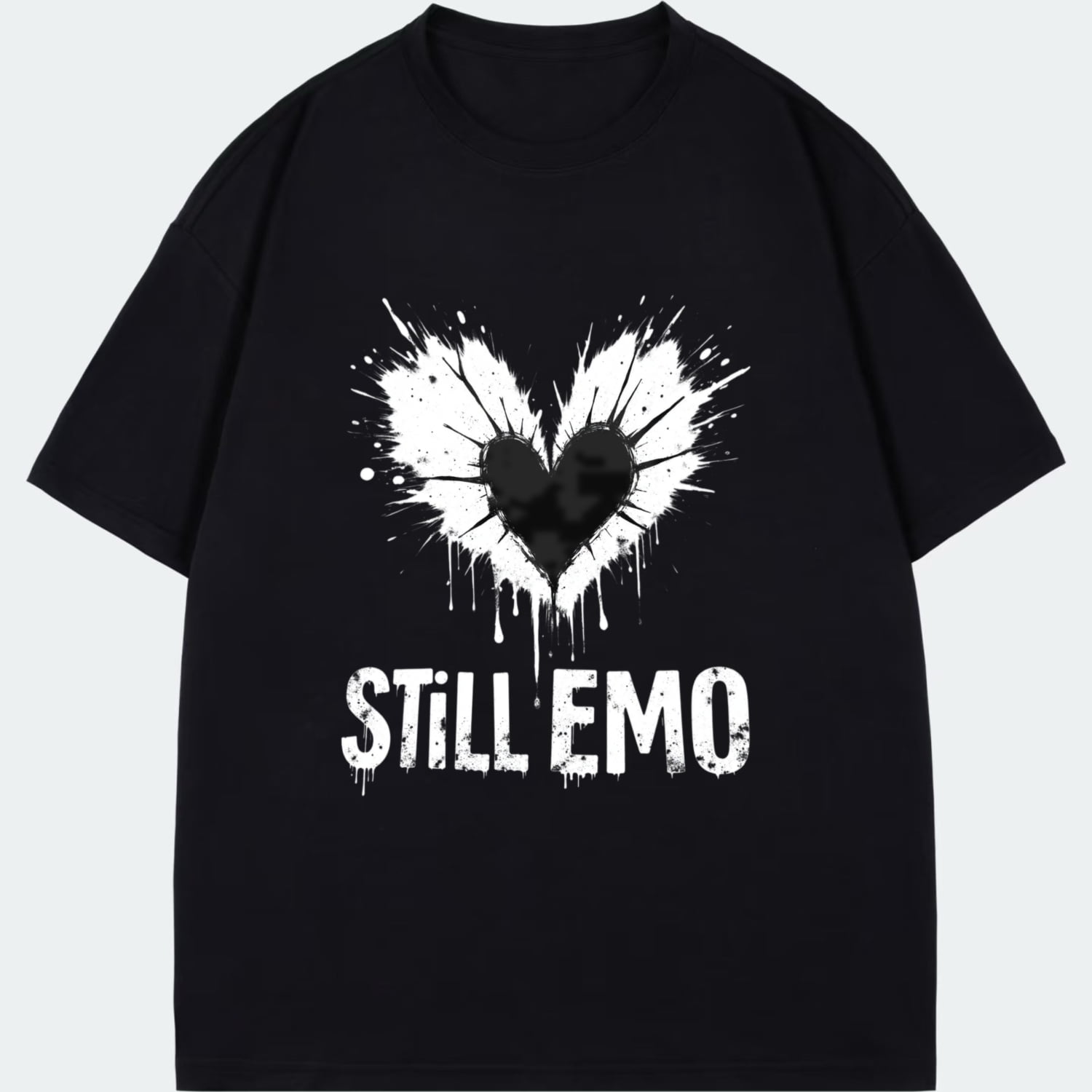 Black T Shirt With Heart Splash And Still Emo Text For Casual Wear ...
