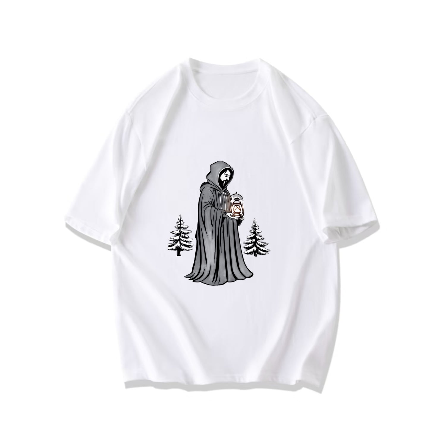 Black T-Shirt With Hooded Figure Holding Lantern And Pine Trees Print ...