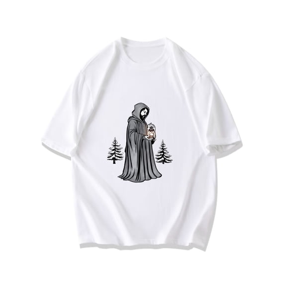 Black T-Shirt With Hooded Figure Holding Lantern And Pine Trees Print ...