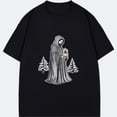 Black T-Shirt With Hooded Figure Holding Lantern And Pine Trees Print ...