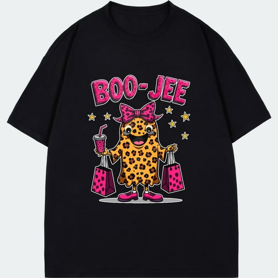 Black T Shirt With Leopard Character Holding Shopping Bags And Drink ...
