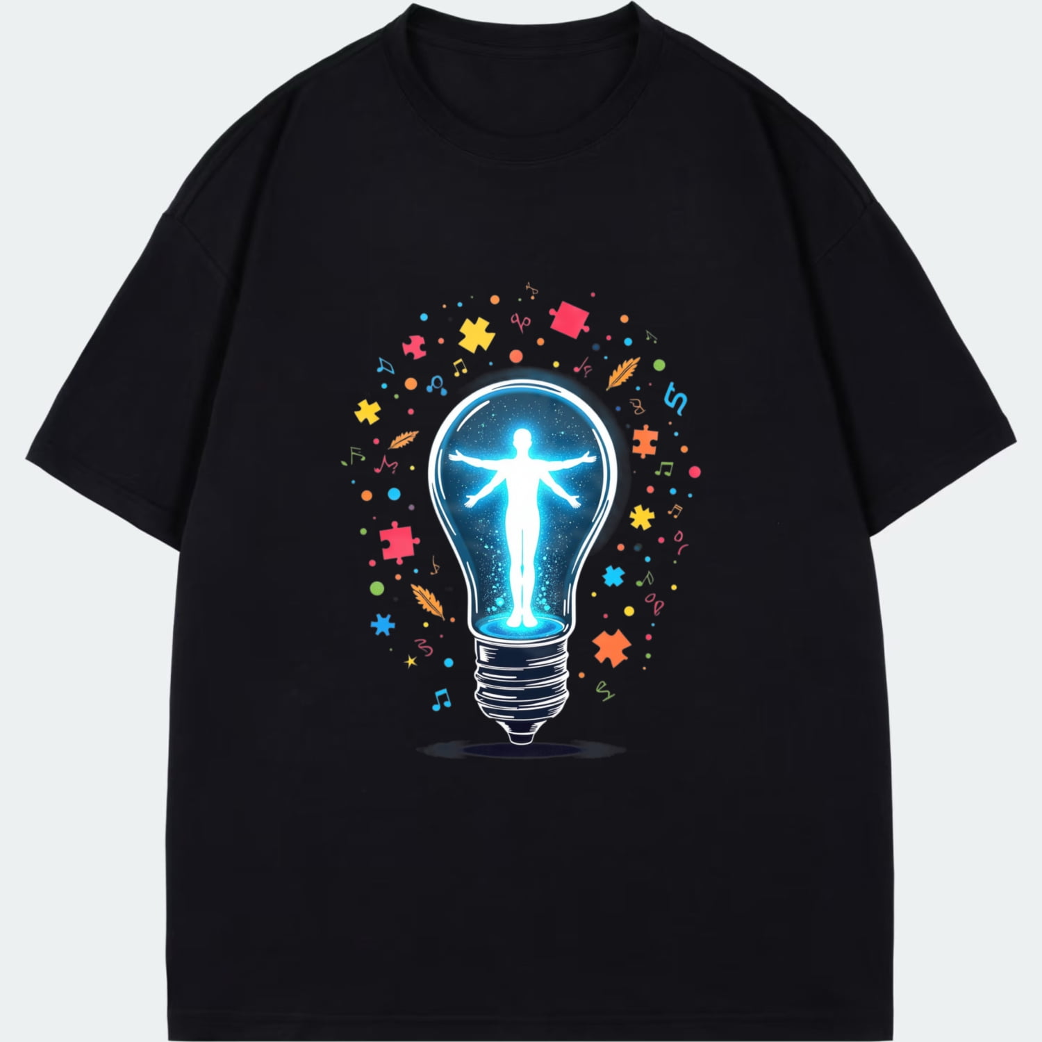 Black T Shirt With Light Bulb Human Figure And Colorful Symbols Print ...