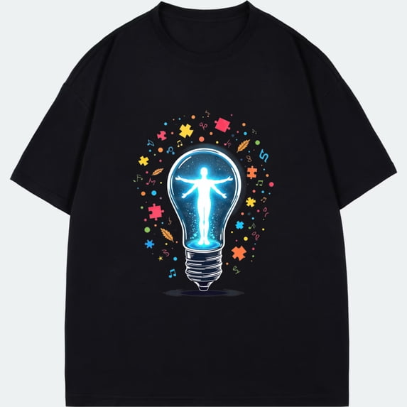 Black T Shirt With Light Bulb Human Figure And Colorful Symbols Print ...