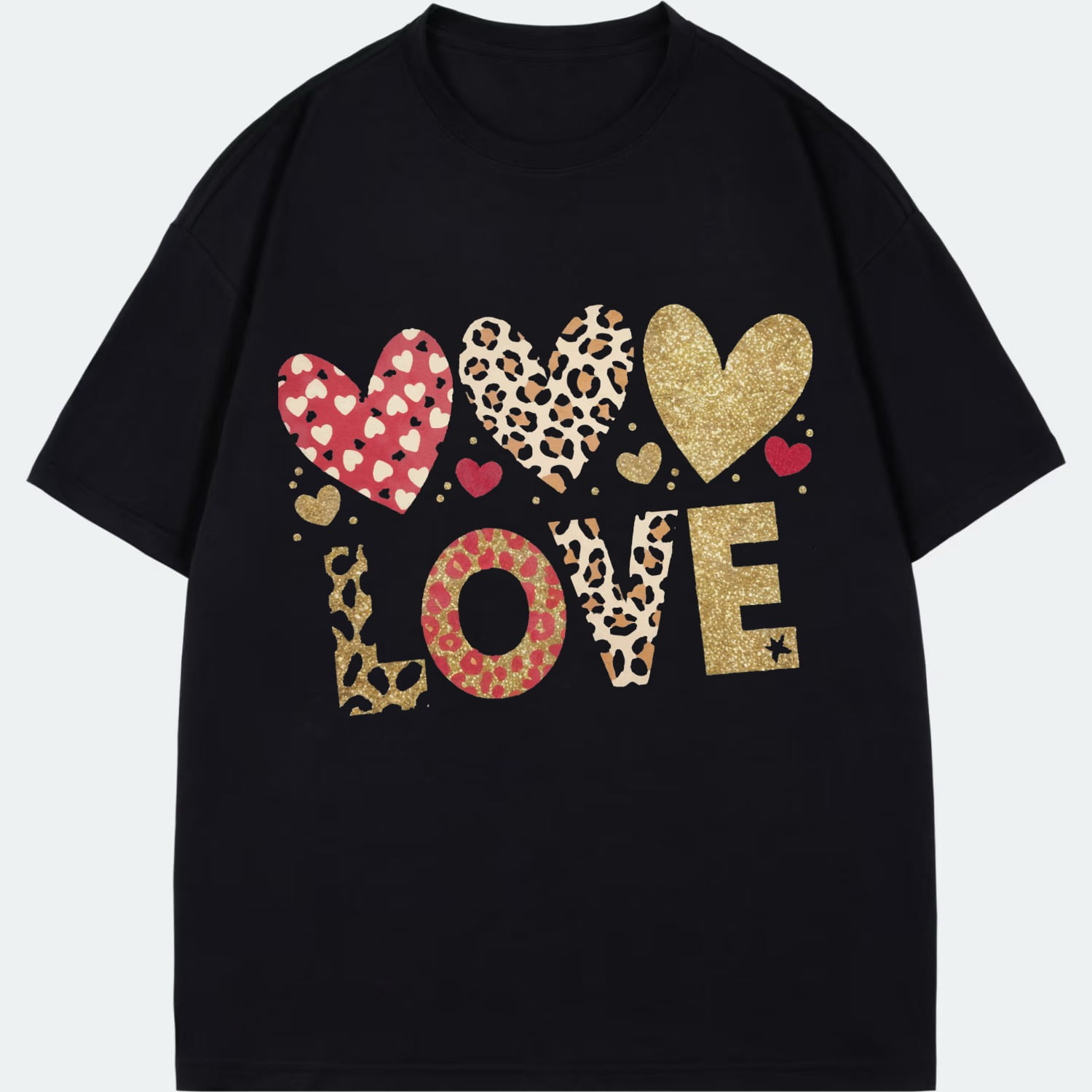Black T Shirt With Love Hearts And Leopard Print Design For Valentine S ...