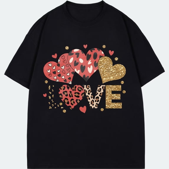 Black T-Shirt With Love Leopard Hearts And Glitter Print For Valentine ...
