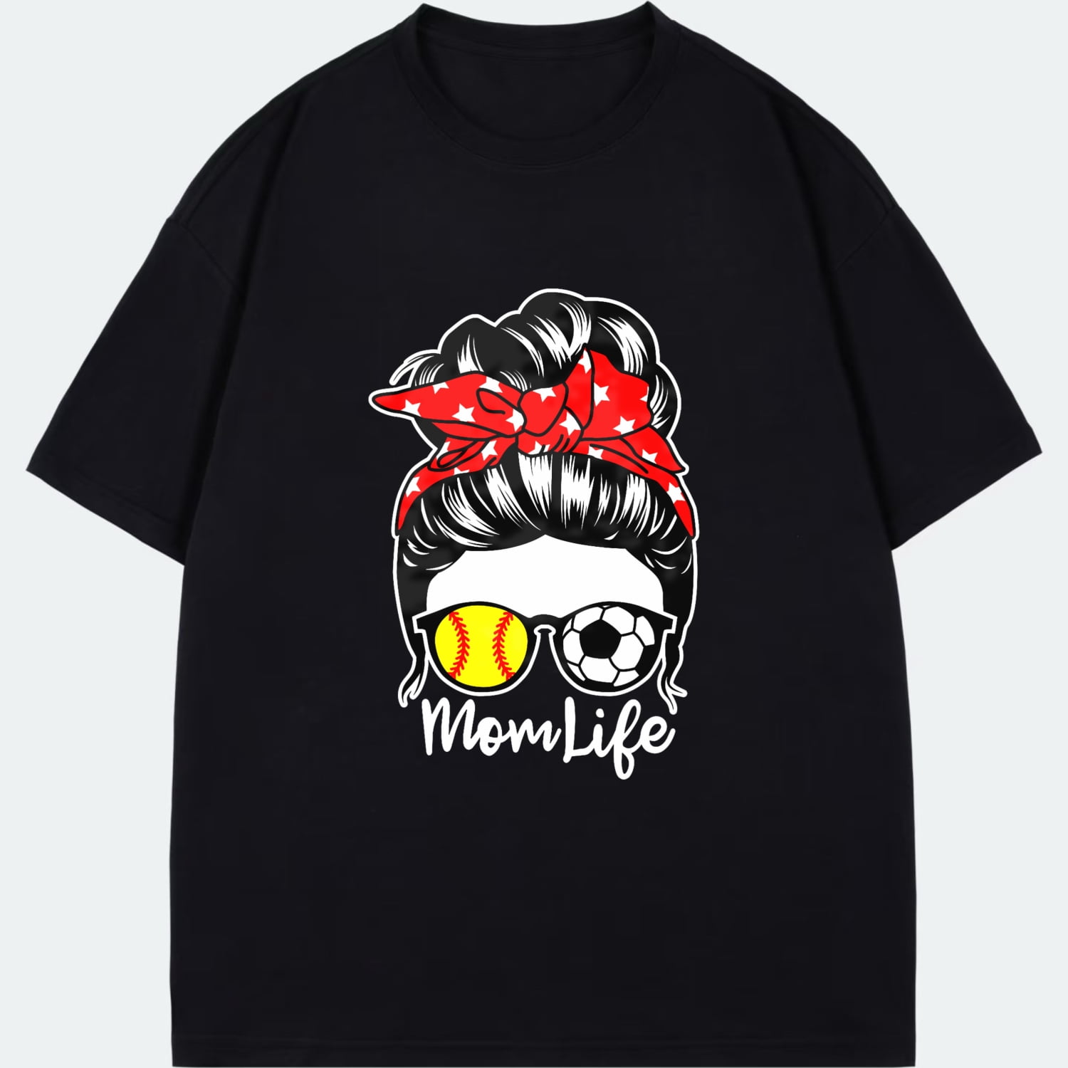Black T Shirt With Mom Life Baseball And Soccer Ball Sunglasses Print ...